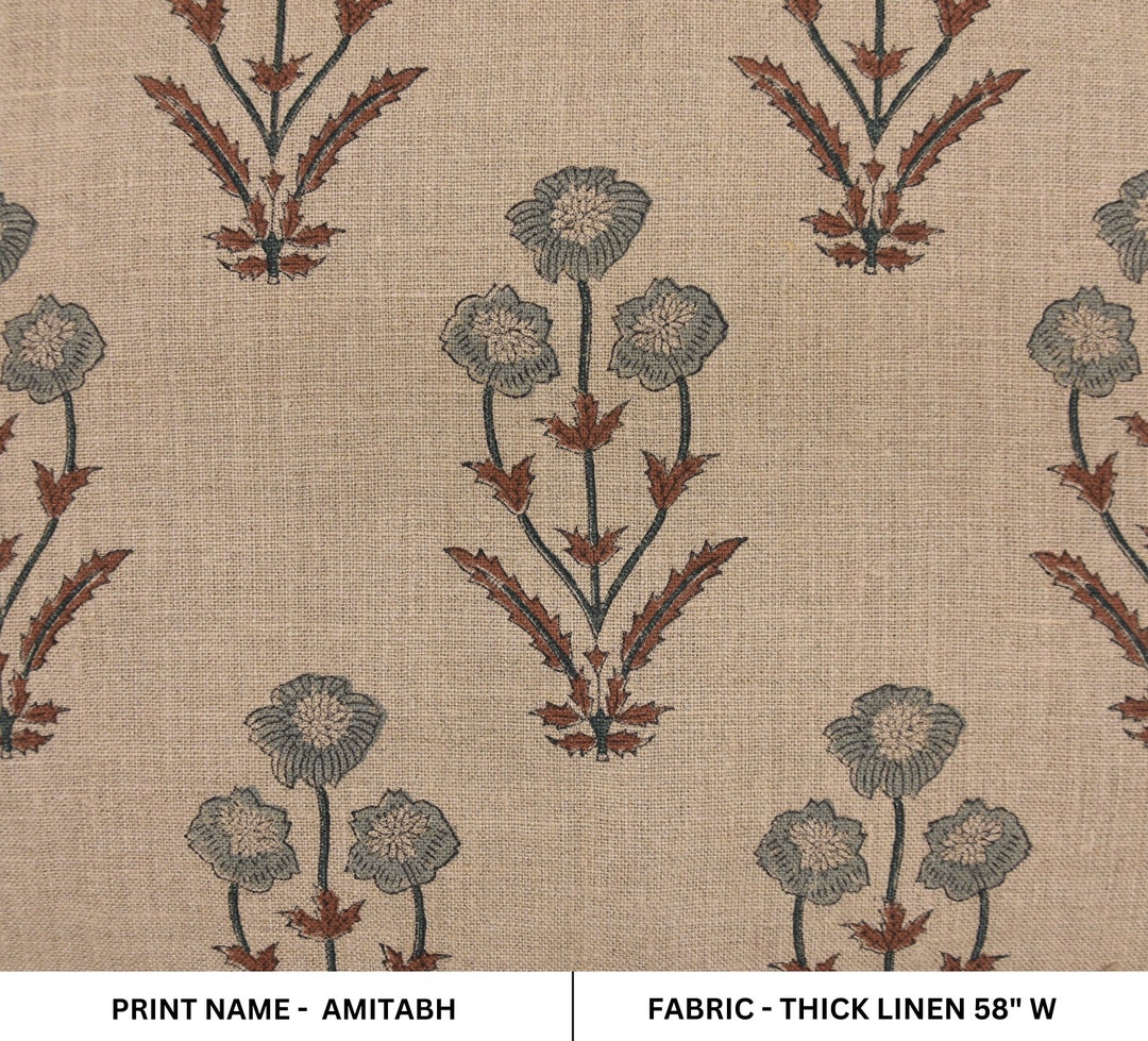 Block Print Thick Linen 58" Wide , Gray Hand Block Print, Indian ...