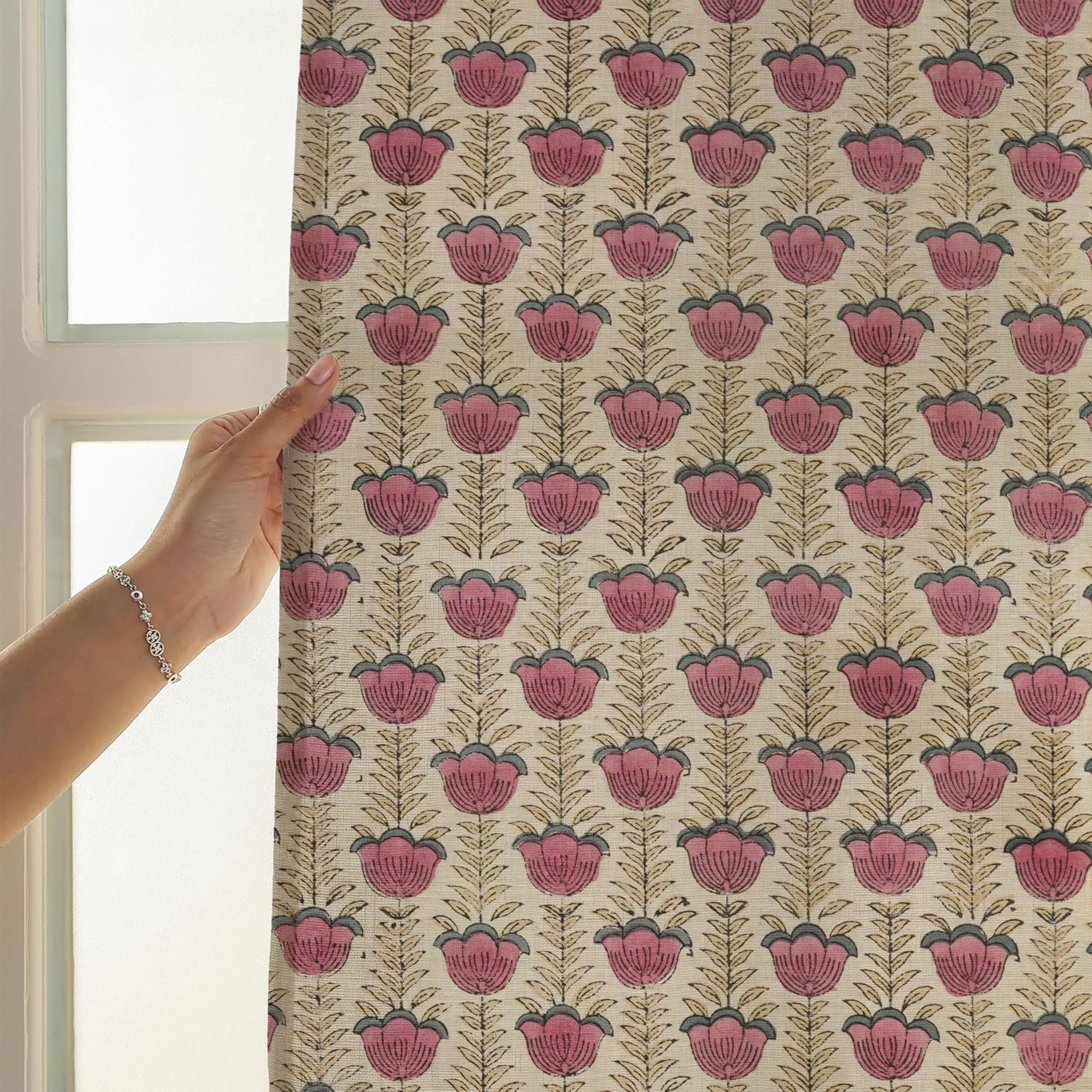 Block Print Curtain Panel Linen Blend Natural Window Drapery Handmade ...