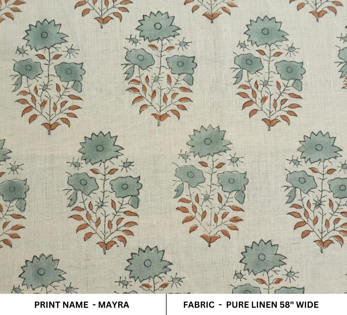 Linen Block Print, Handmade Floral Art, Indian Textile, Pure Linen for ...