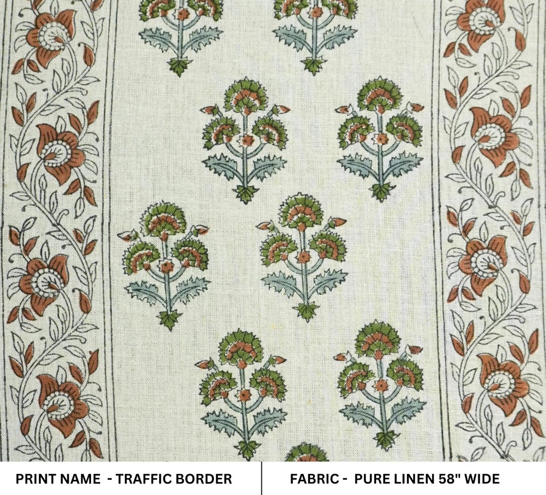 Block Print Linen Fabric, Floral Handmade Art Indian Textile, Pure ...