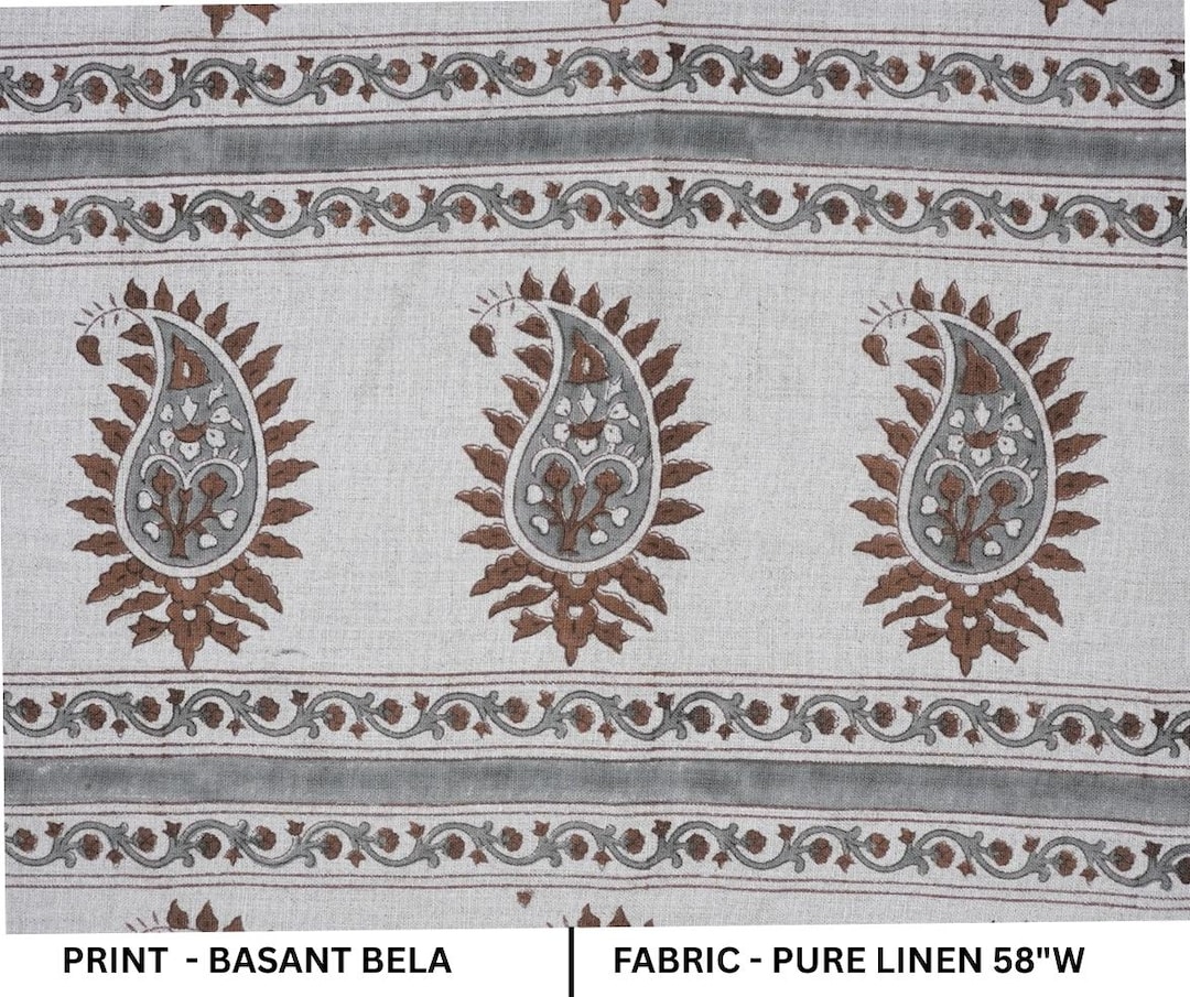 Natural Linen Fabric, Hand Block Print Linen Fabric by the Yard, Floral ...