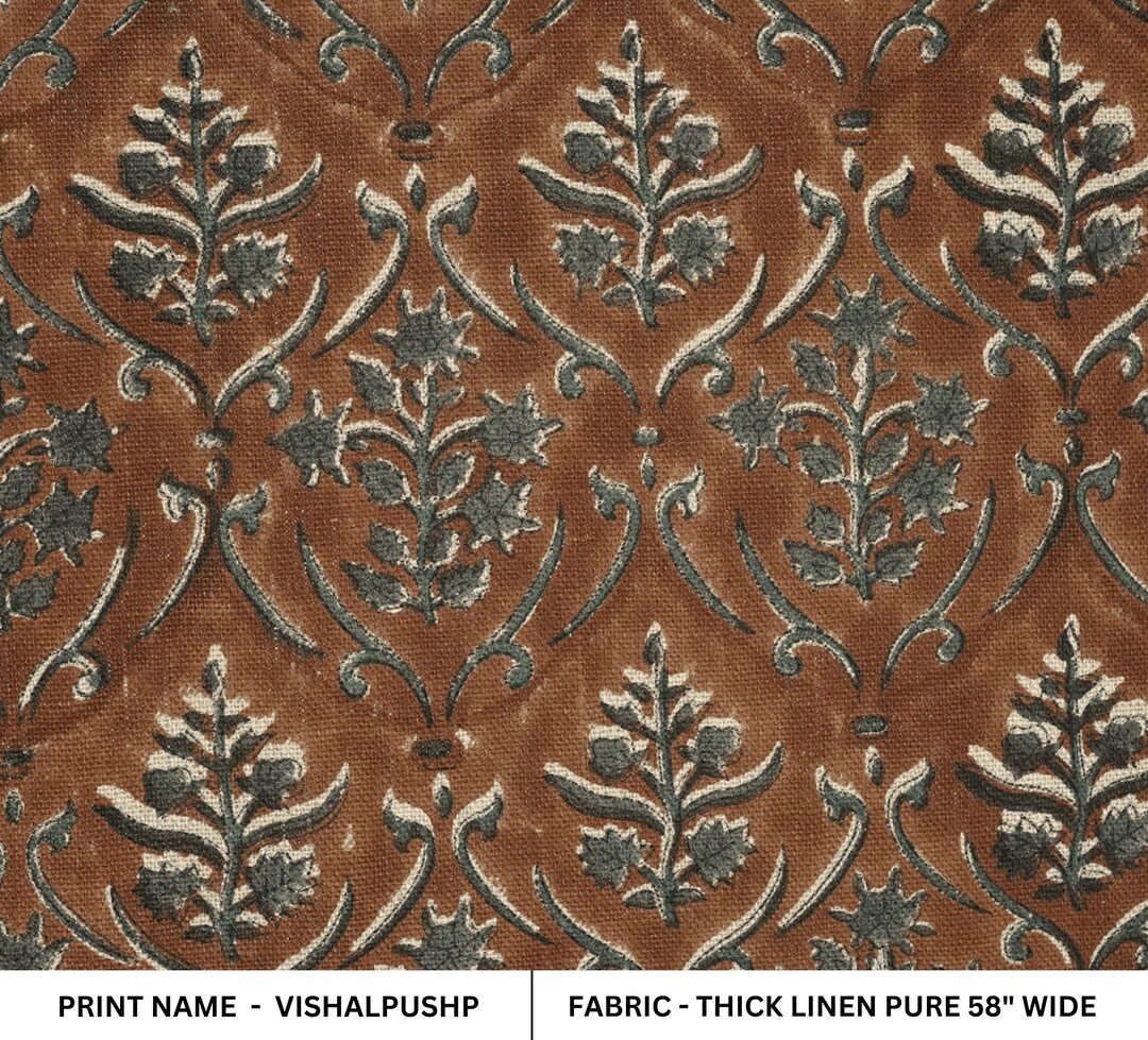 Hand Block Print, Linen Fabric, Upholstery and Drapery Curtain, Floral ...