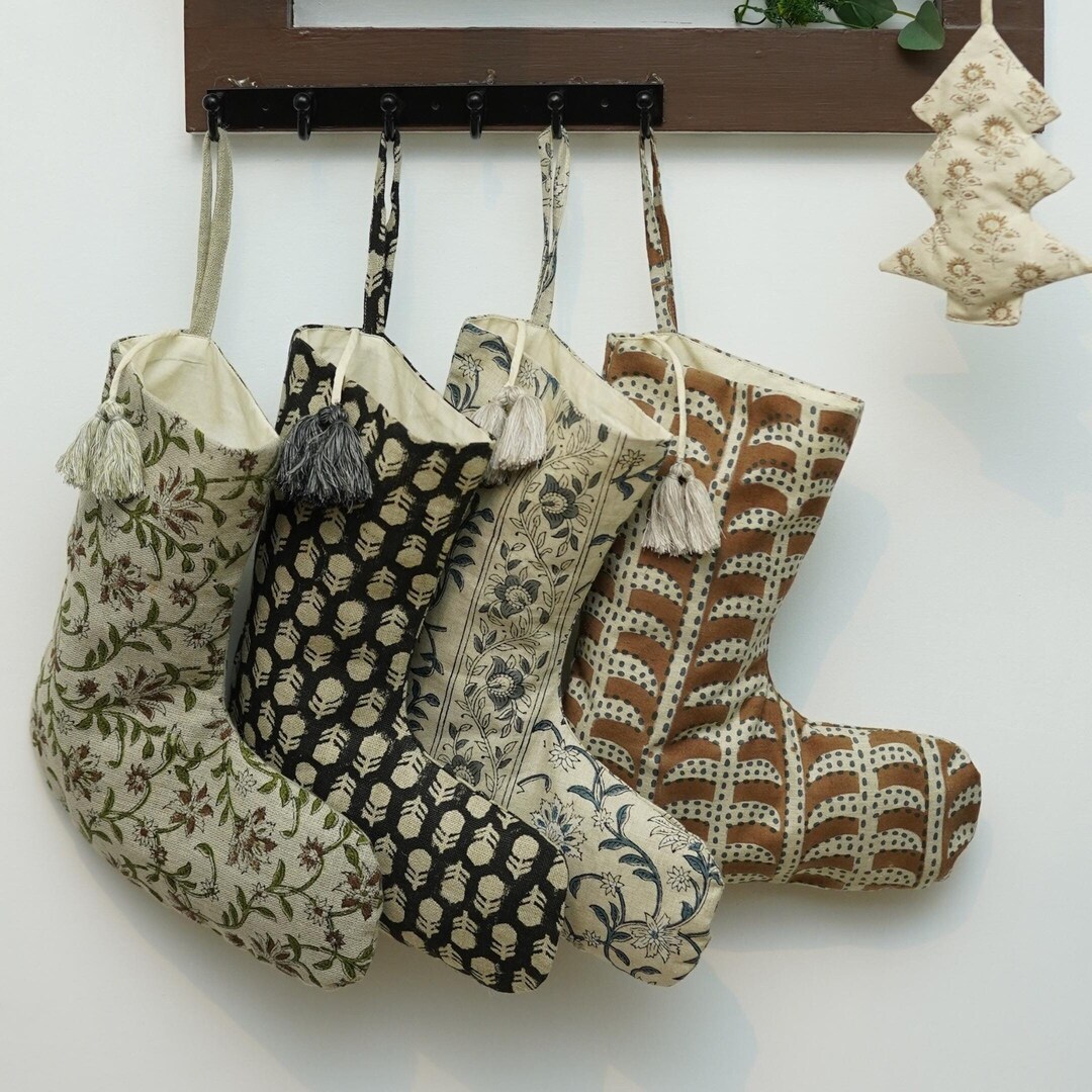 Hand Block Print Linen Stockings, Christmas Decor Stockings, Pom Pom ...