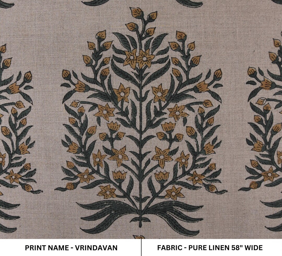 Handmade Block Print Pure Linen 58" Wide Fabric Linen Upholstery Indian ...
