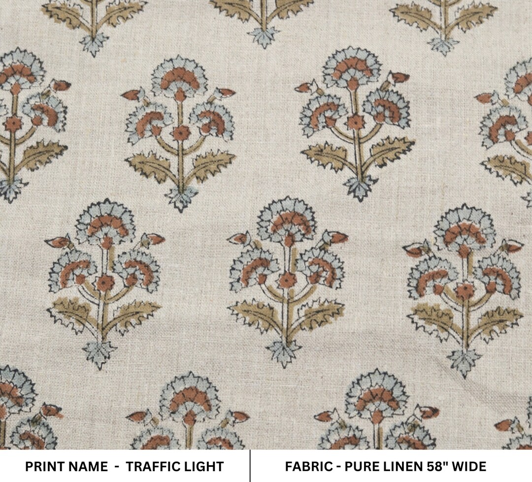 Linen Block Print Pure Linen Fabric, Handmade Floral Art, Pillow Fabric ...