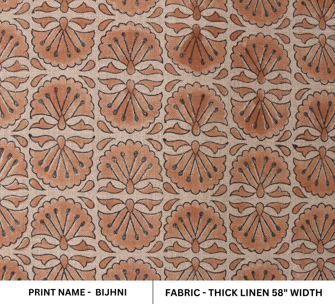 Thick Linen 58" Wide, Rust Floral Hand Block Linen Pillow Cover, Indian ...