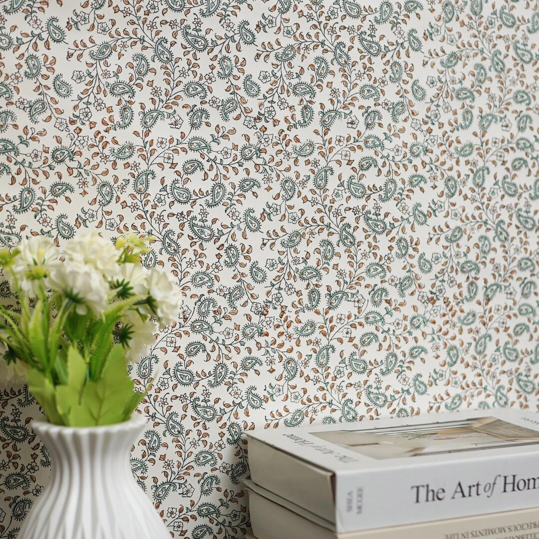 Block Print Wallpaper Hand Printed Blue Brown Floral Wall Decor ...