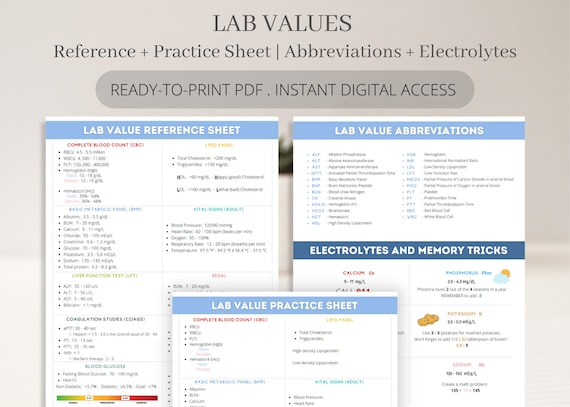 Lab Value Reference Sheet Electrolytes and Memory Tricks | Etsy