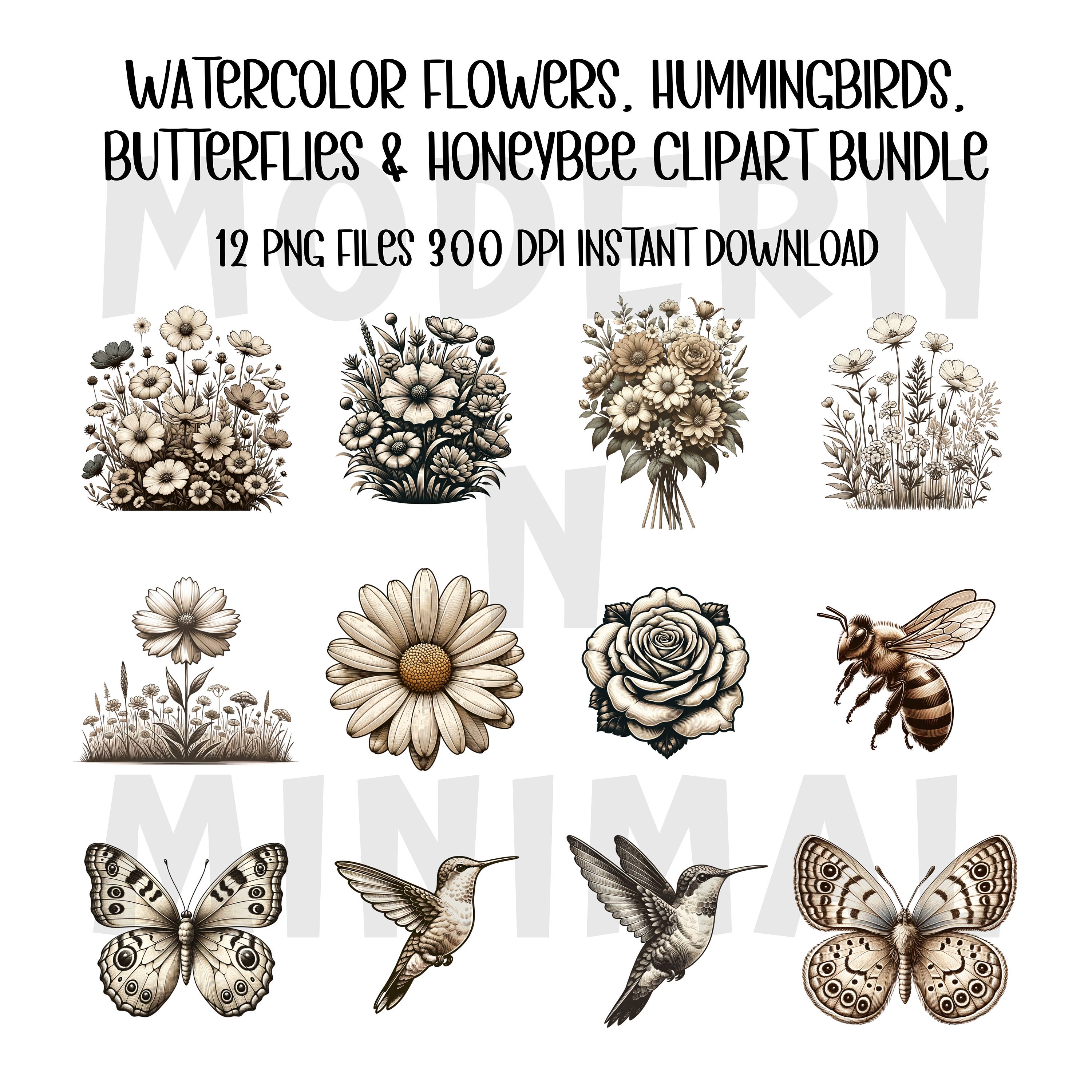 Watercolor Flowers, Hummingbirds, Butterflies & Honeybee Clipart Bundle ...