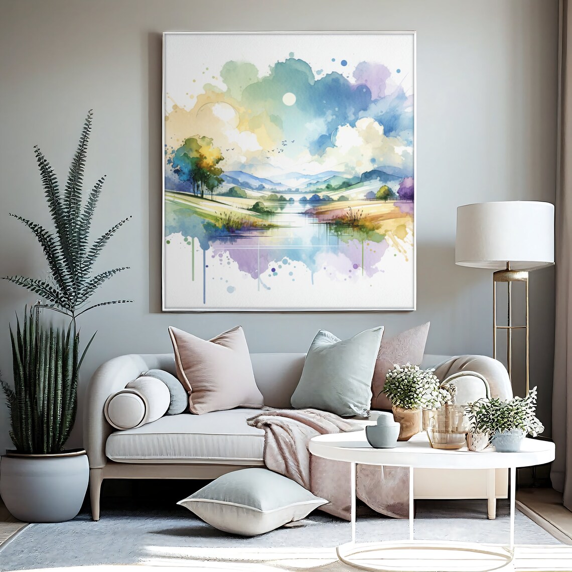 Serene Landscape Watercolor Printable Wall Art - Tranquil Countryside ...