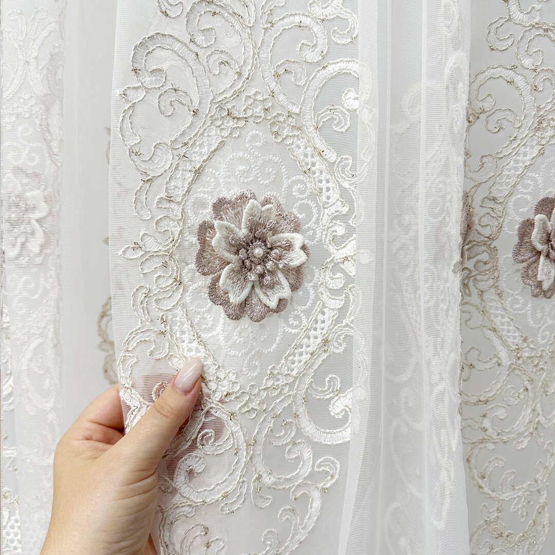 Embroidered Sheer Curtains With 3d Flowers, Luxury Window Sheers, Lace ...