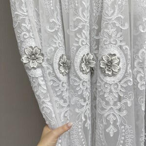 Lace Embroidered Sheer Curtains With Gray 3d Flowers, Extra Wide Luxury ...