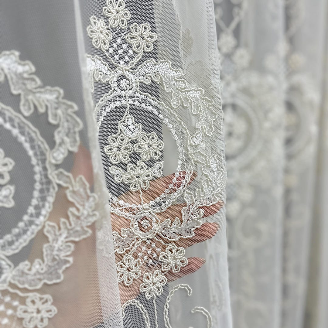 Cream Victorian Embroidered Sheer Curtains: Floral Lace Tulle Window ...