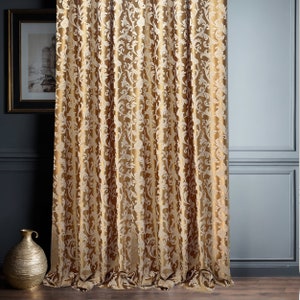 Luxury Gold Jacquard Curtains, Rich Damask Curl Floral Patterned Living ...