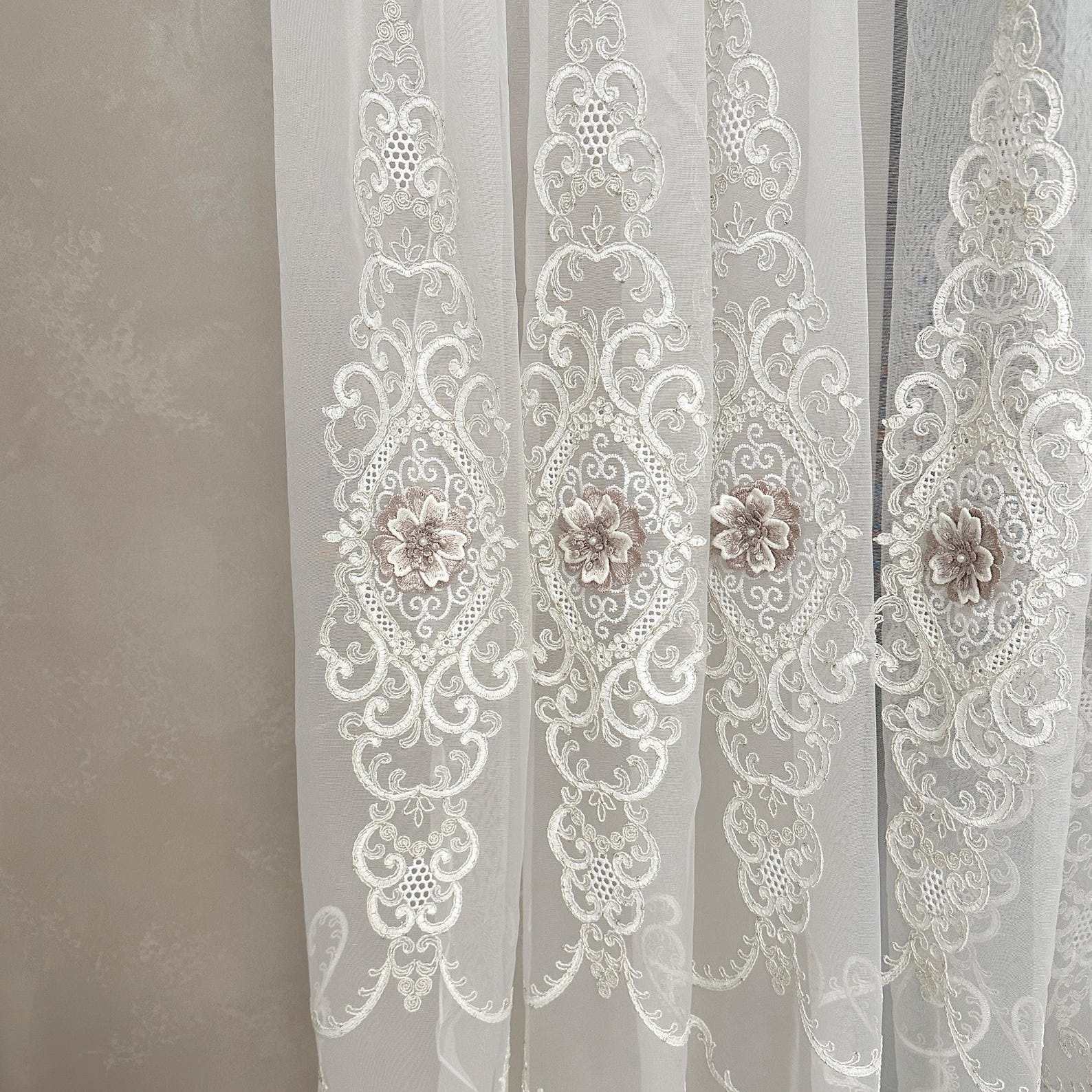 Custom Victorian Embroidered Floral Lace Curtains: Luxury Sheer Voile ...
