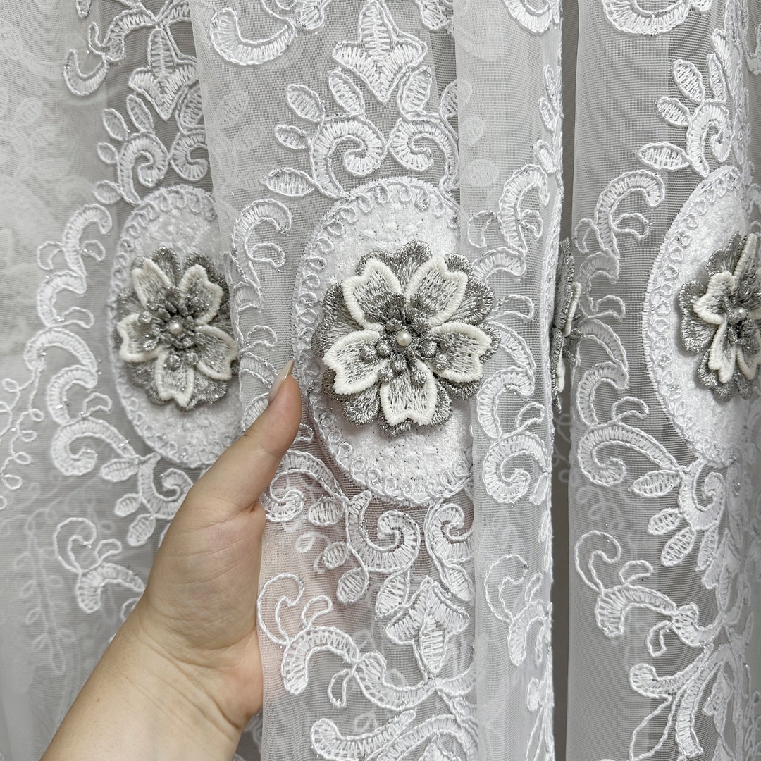 Lace Embroidered Sheer Curtains With Gray 3d Flowers, Extra Wide Luxury ...