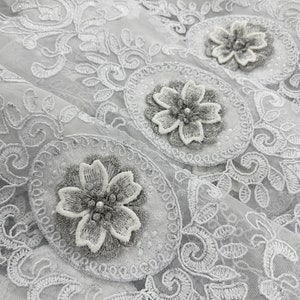 Lace Embroidered Sheer Curtains With Gray 3d Flowers, Extra Wide Luxury ...