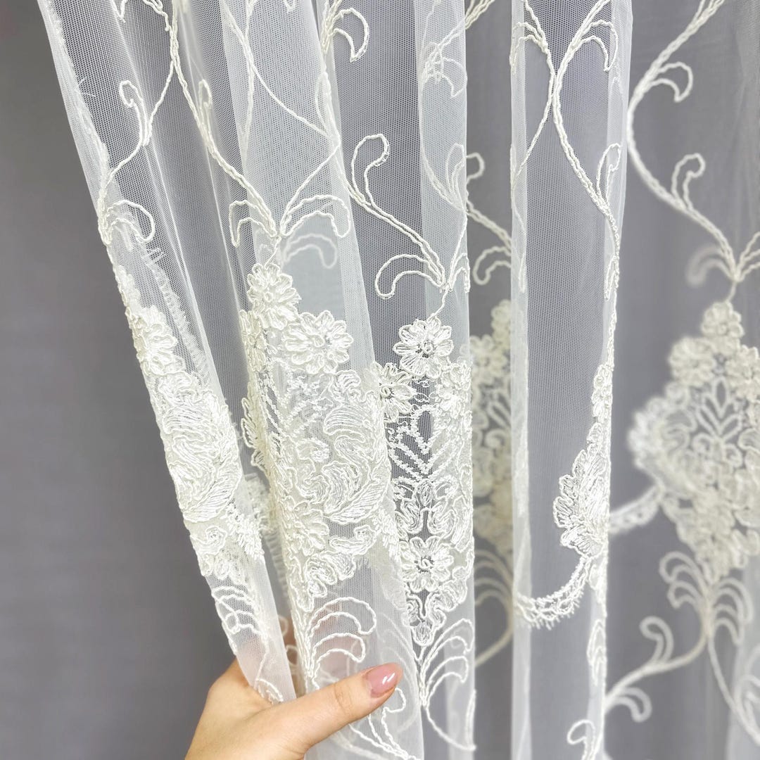 Rich Luxury Floral Curl Sheer Curtains, off White Lace Embroidered ...