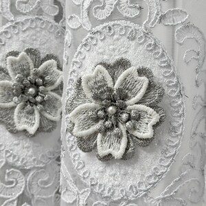 Lace Embroidered Sheer Curtains With Gray 3d Flowers, Extra Wide Luxury ...