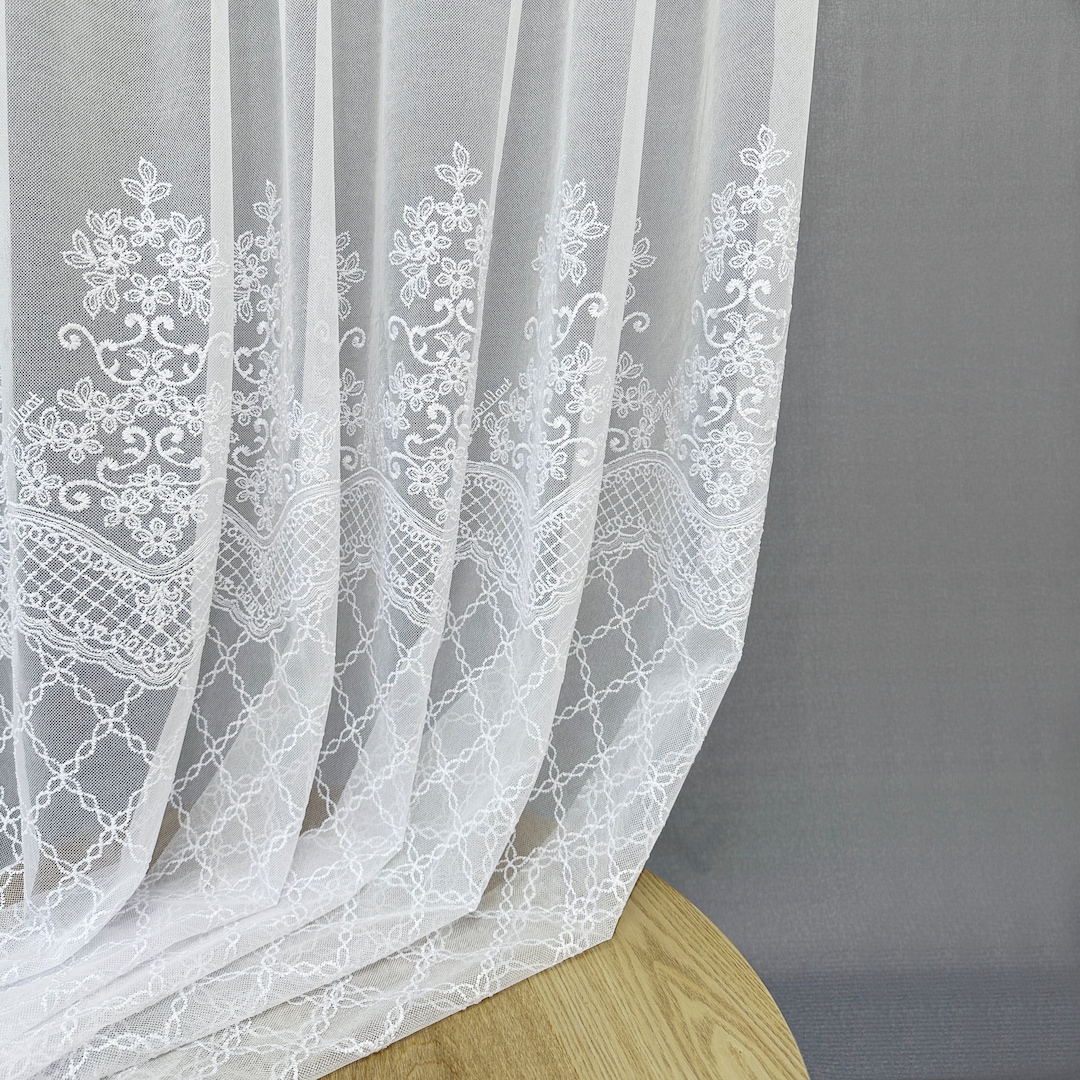 Embroidered Lace Sheer Curtains: White Voile Tulle, Luxury Living Room ...