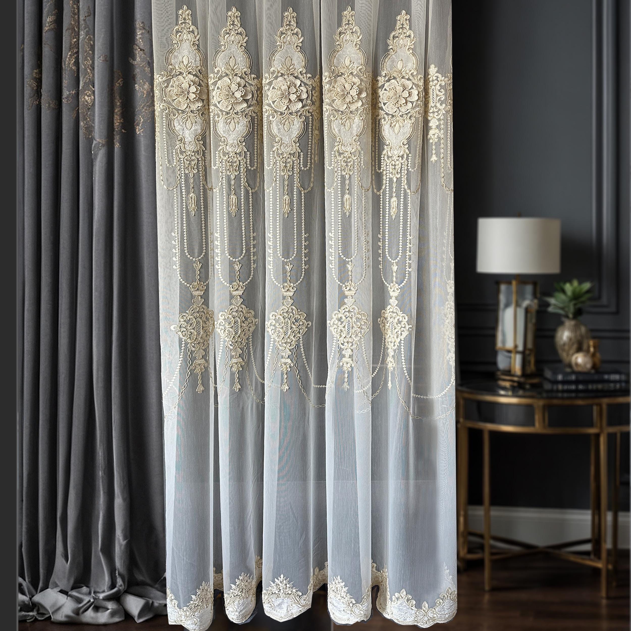 Gold Embroidered Cream Sheer Lace Curtains: Luxury Victorian Drapes for ...