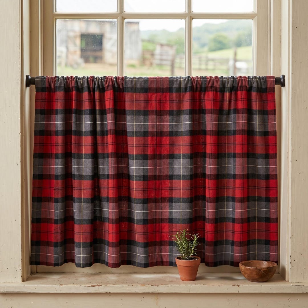 Farmhouse Kitchen Cafe Curtain: Red Checkered Panel Rod Pocket Drapes ...