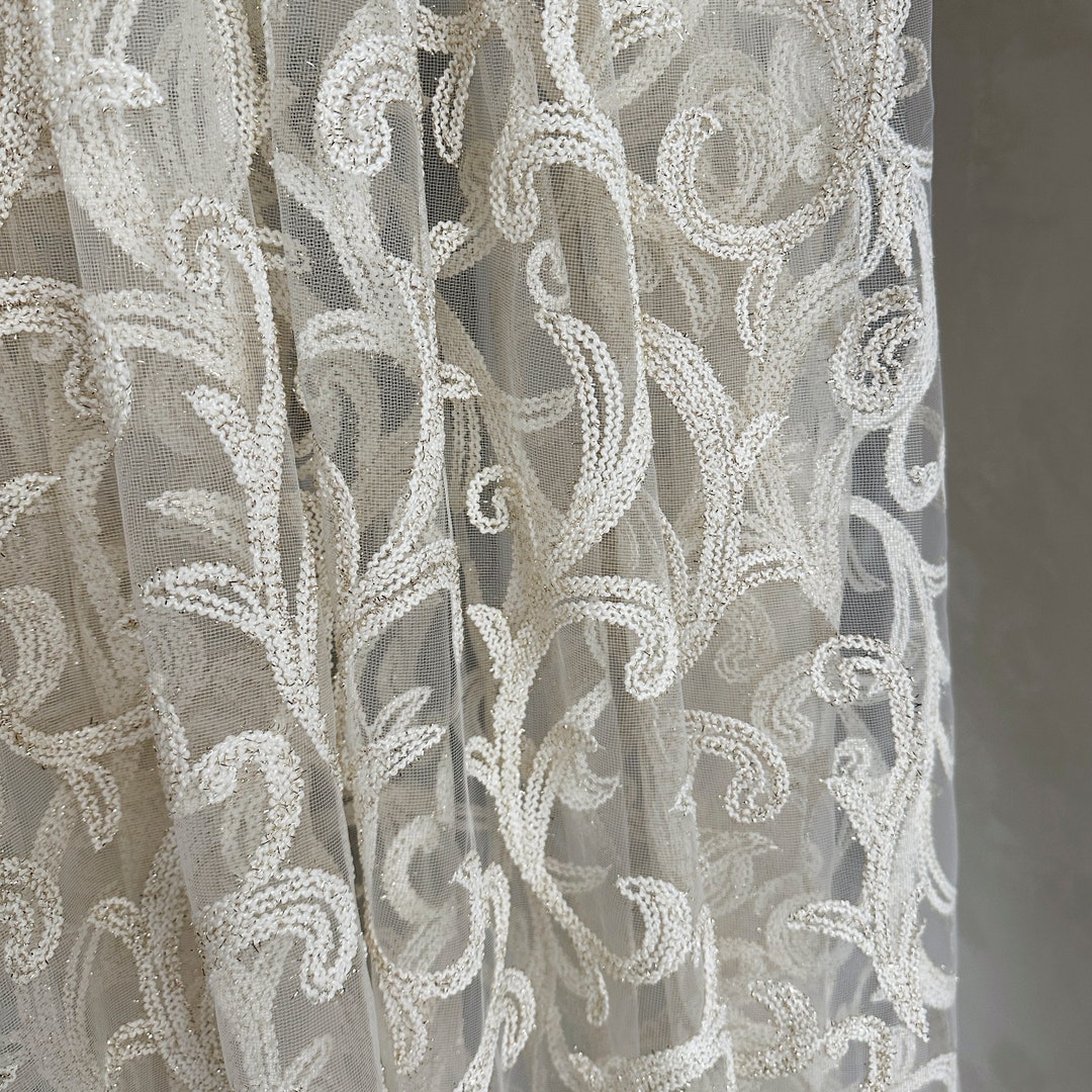 Custom Sheer Lace Curtain: Damask Curl Embroidery, Golden Lurex Tulle ...