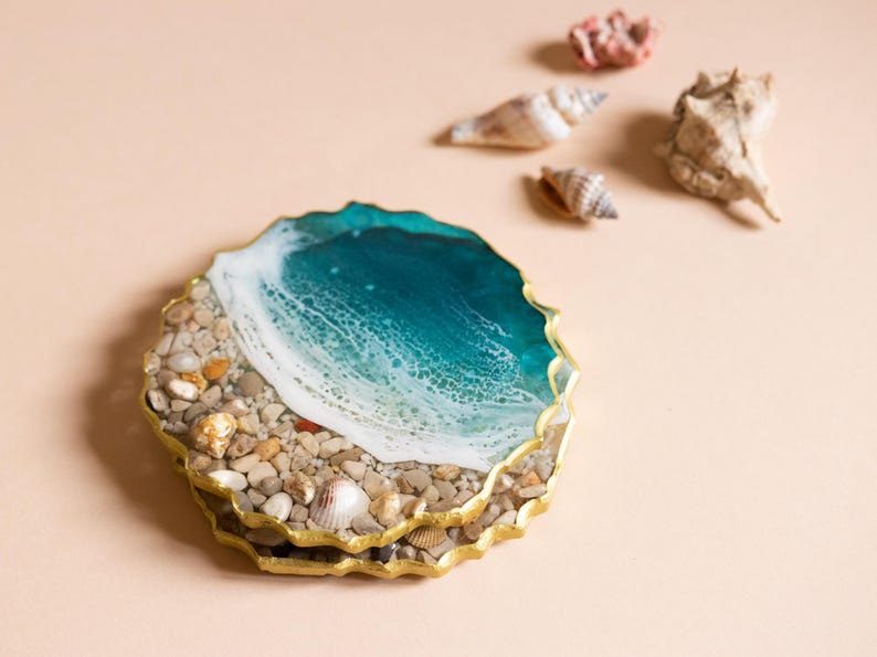 Resin Ocean Coaster Set, Beach Inspired Coasters, Beach Resin Coasters ...