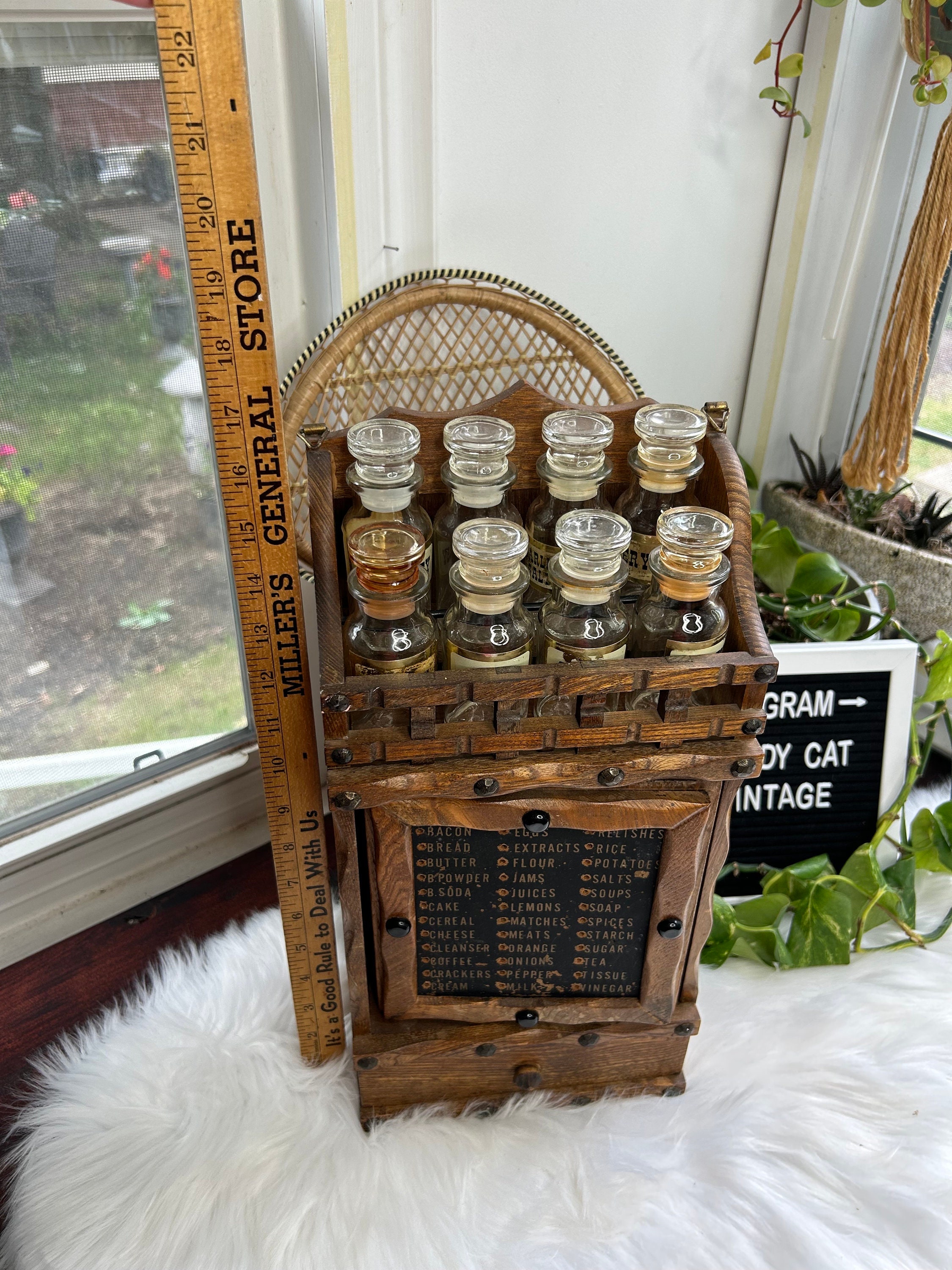 Vintage Wooden Spice Rack Grocery List Glass Bottles Kitchen - Etsy