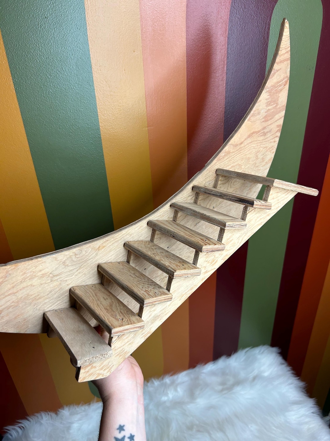 Vintage Homemade Wooden Moon Crescent Stairs Wall Hanging Shelf Knick ...