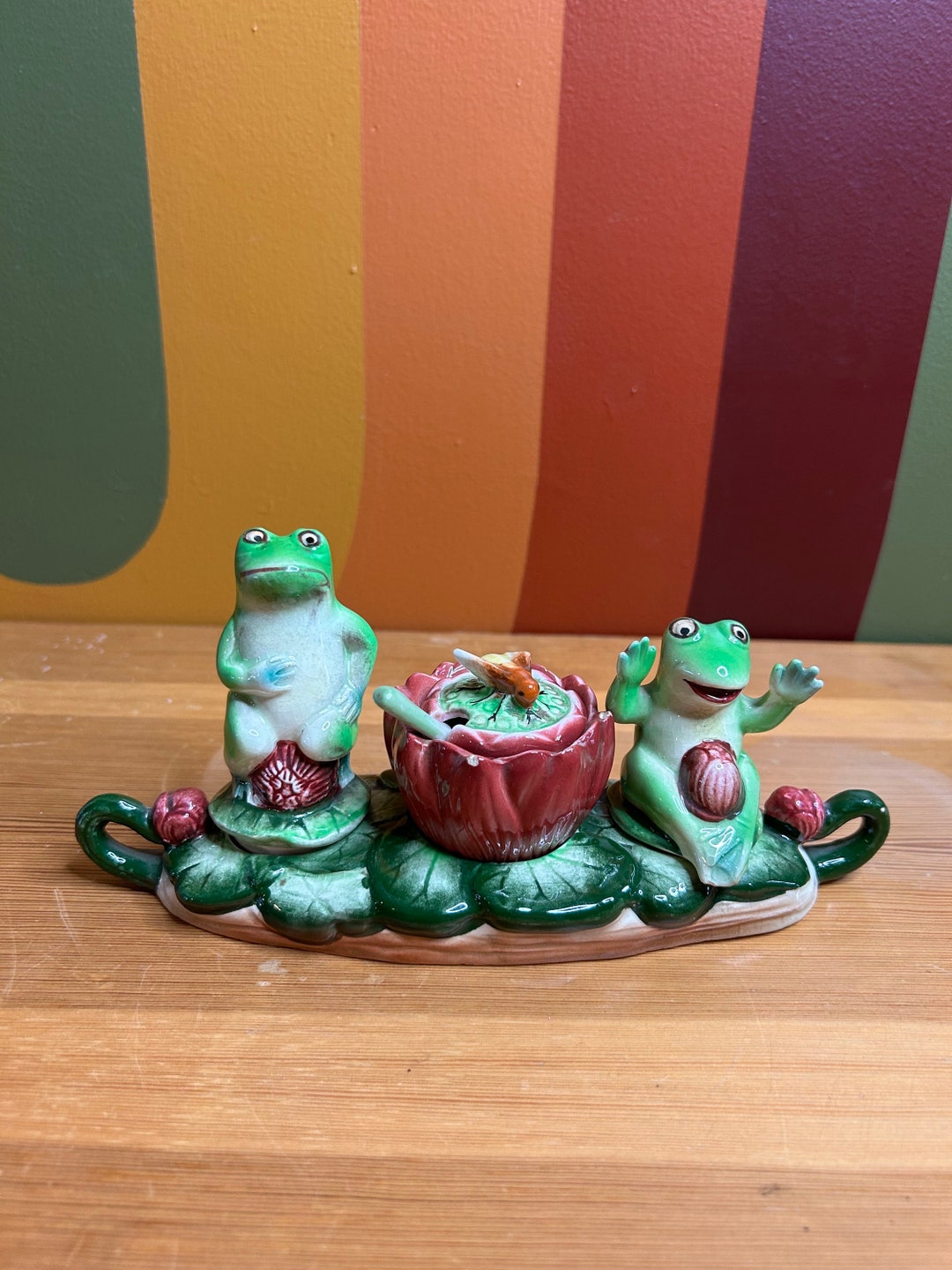 Vintage Ceramic Frogs on a Lily Pad Salt and Pepper Shakers Musterd Pot ...