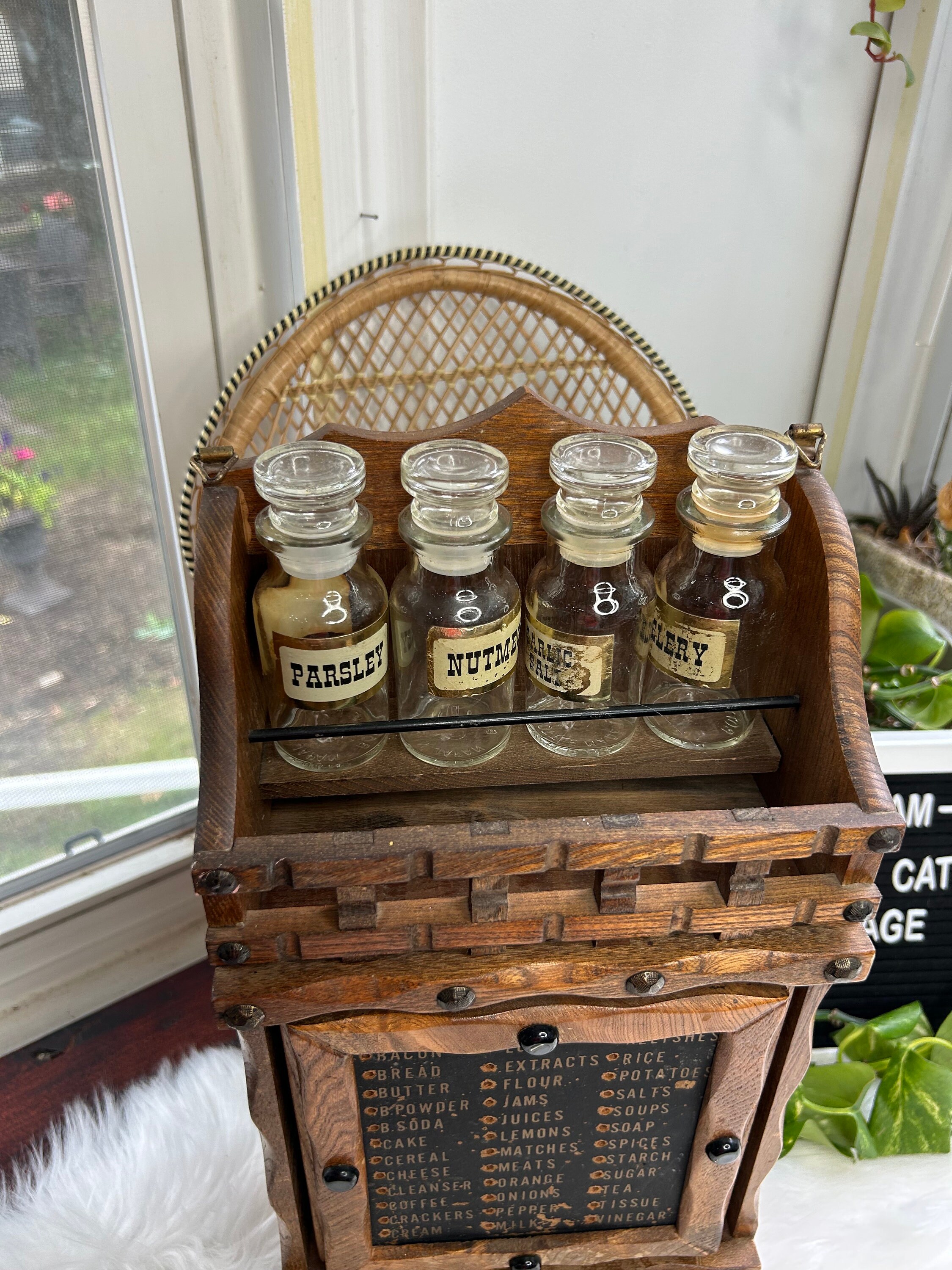 Vintage Wooden Spice Rack Grocery List Glass Bottles Kitchen - Etsy
