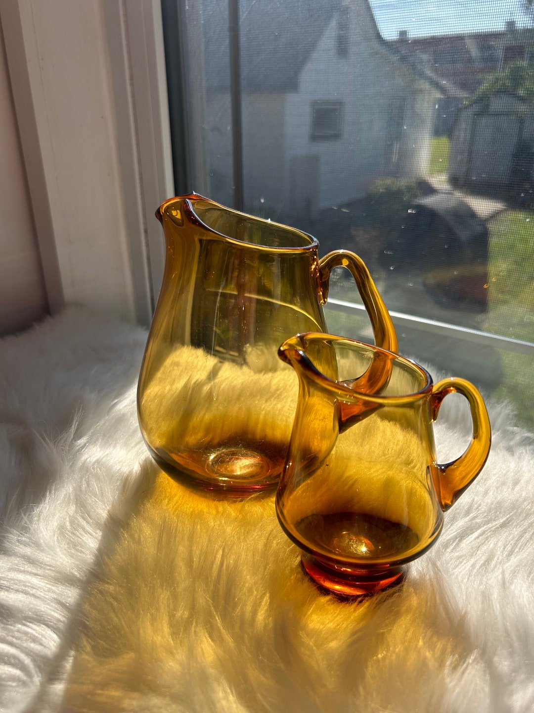 Vintage Art Glass Amber Drinking Pitchers Mini 2 - Mismatched Set - Etsy