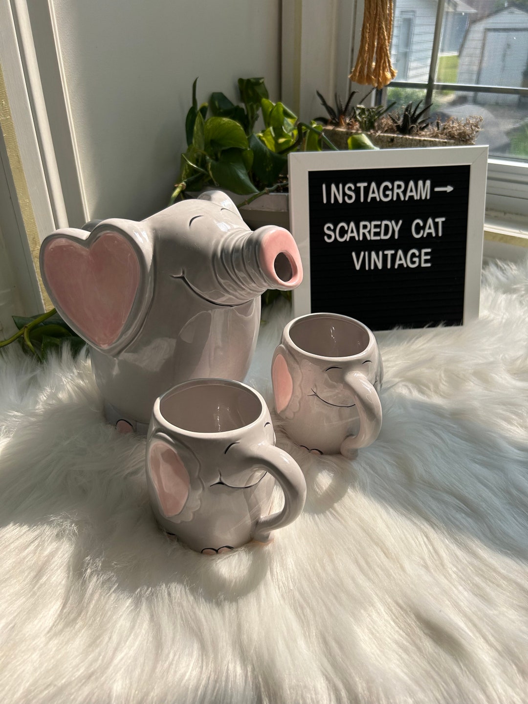 Vintage Elephant Family Ceramic Teapot Kettle and 2 Mugs Giftcraft Cute ...