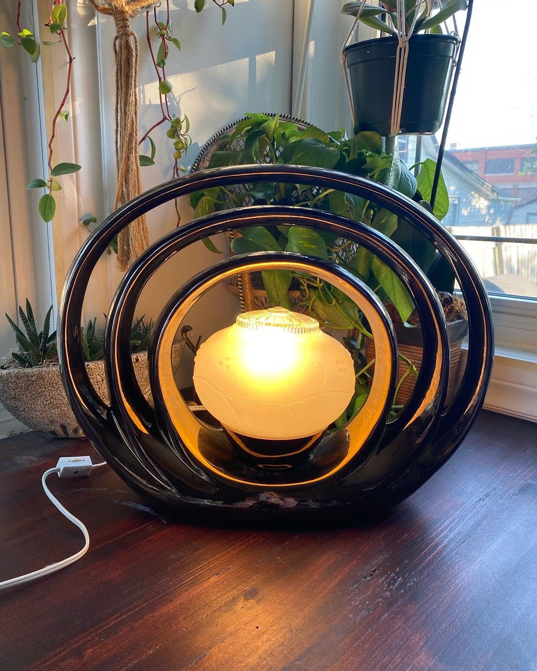 Vintage Ceramic Halo Lamp Art Deco Lights Shiny Black Table Top Light ...