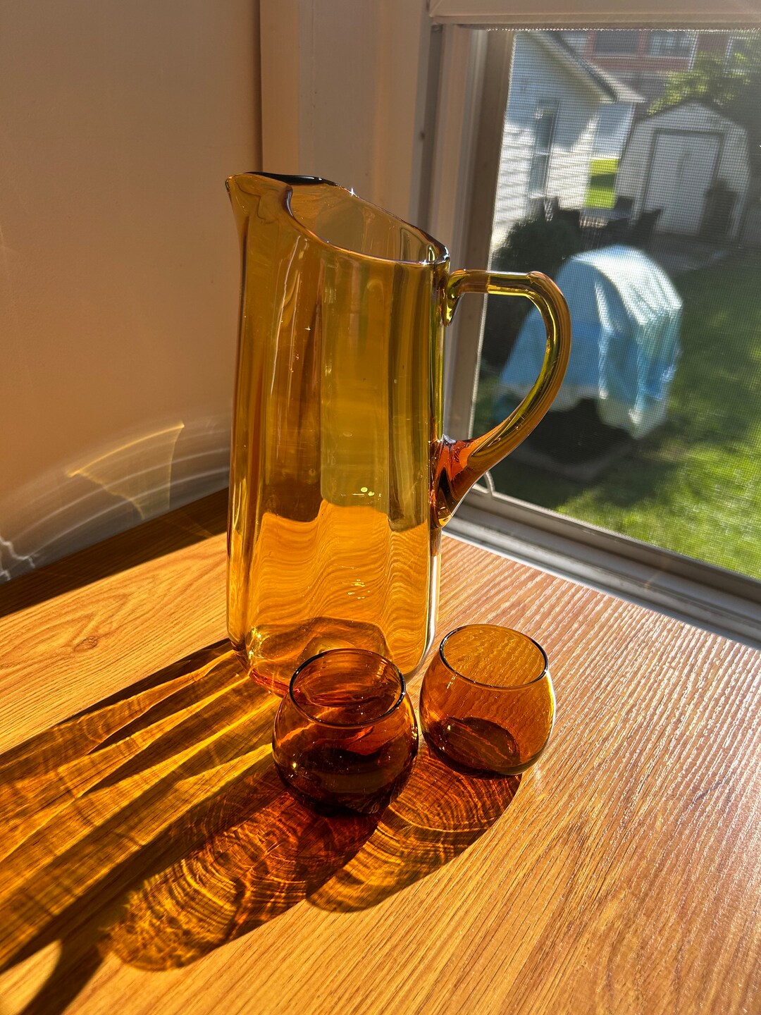 Vintage Art Glass Amber Drinking Pitcher and Shot Glasses - Mismatched ...