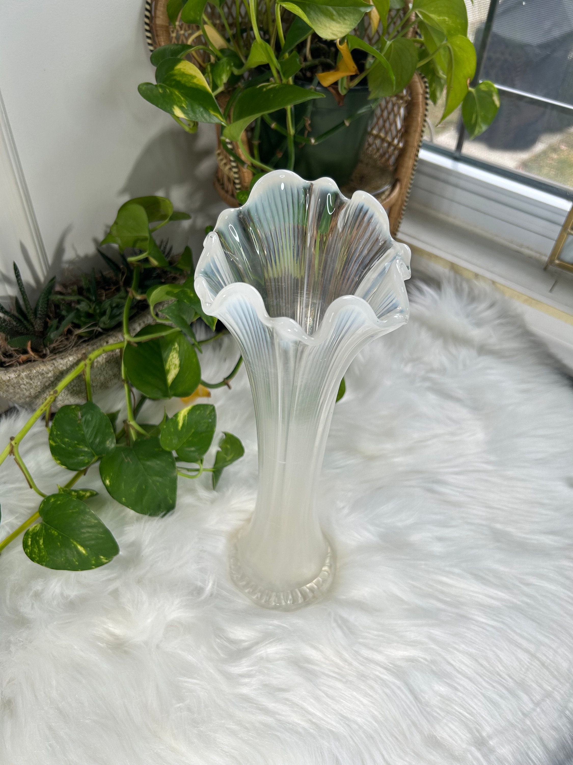 Carnival Glass Iridescent White Swung/ripple/wave Vase Vintage Flowers ...