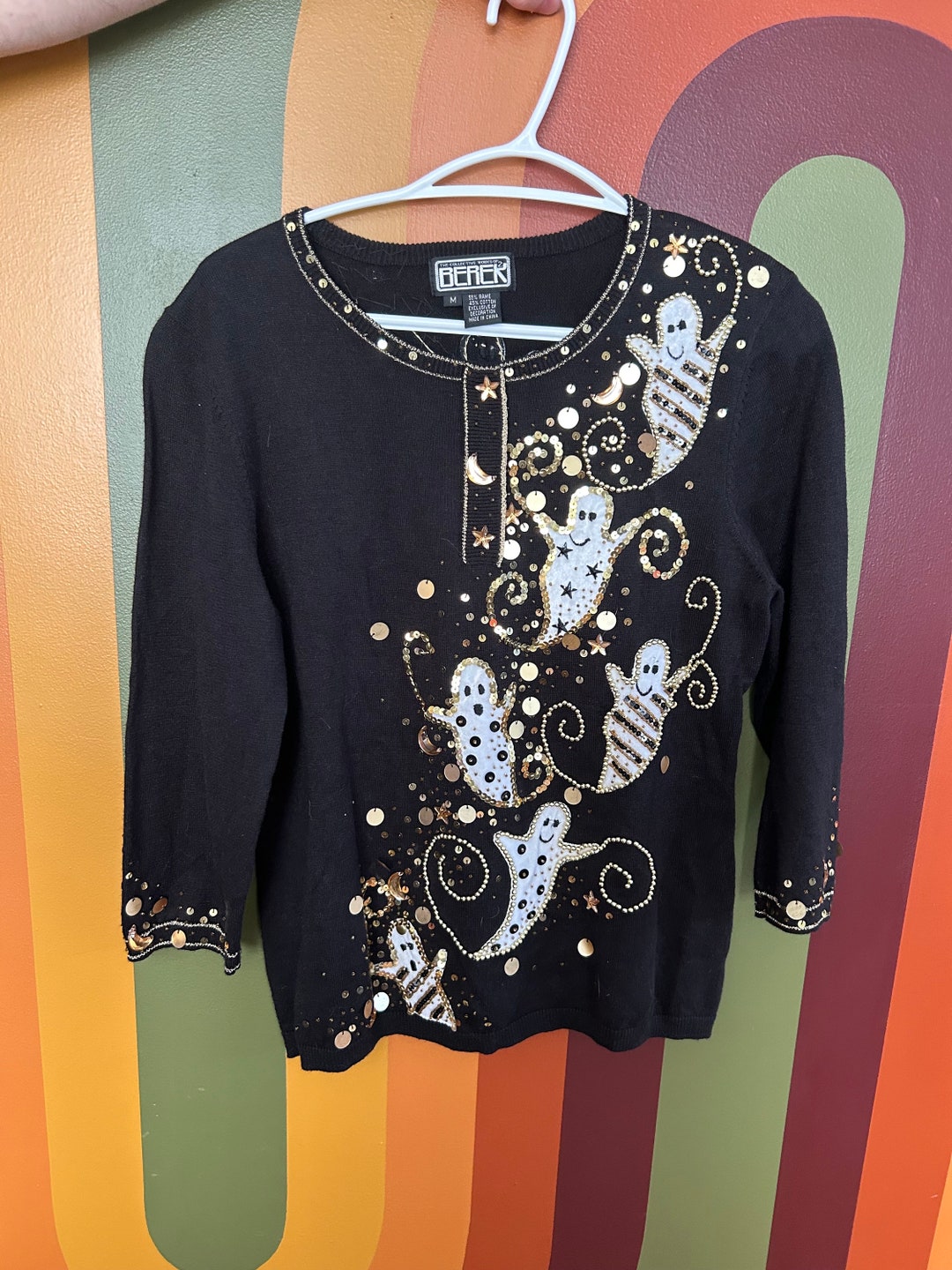 Vintage Halloween Ugly Cute Shirt Embroidered Ghost Glitter Size Medium ...