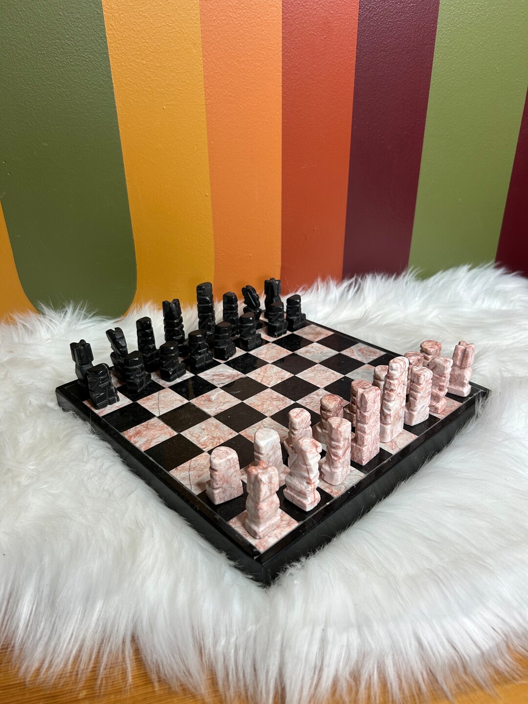 Stone Marble Pink Black Chess Set Backgammon Game Vintage - Etsy