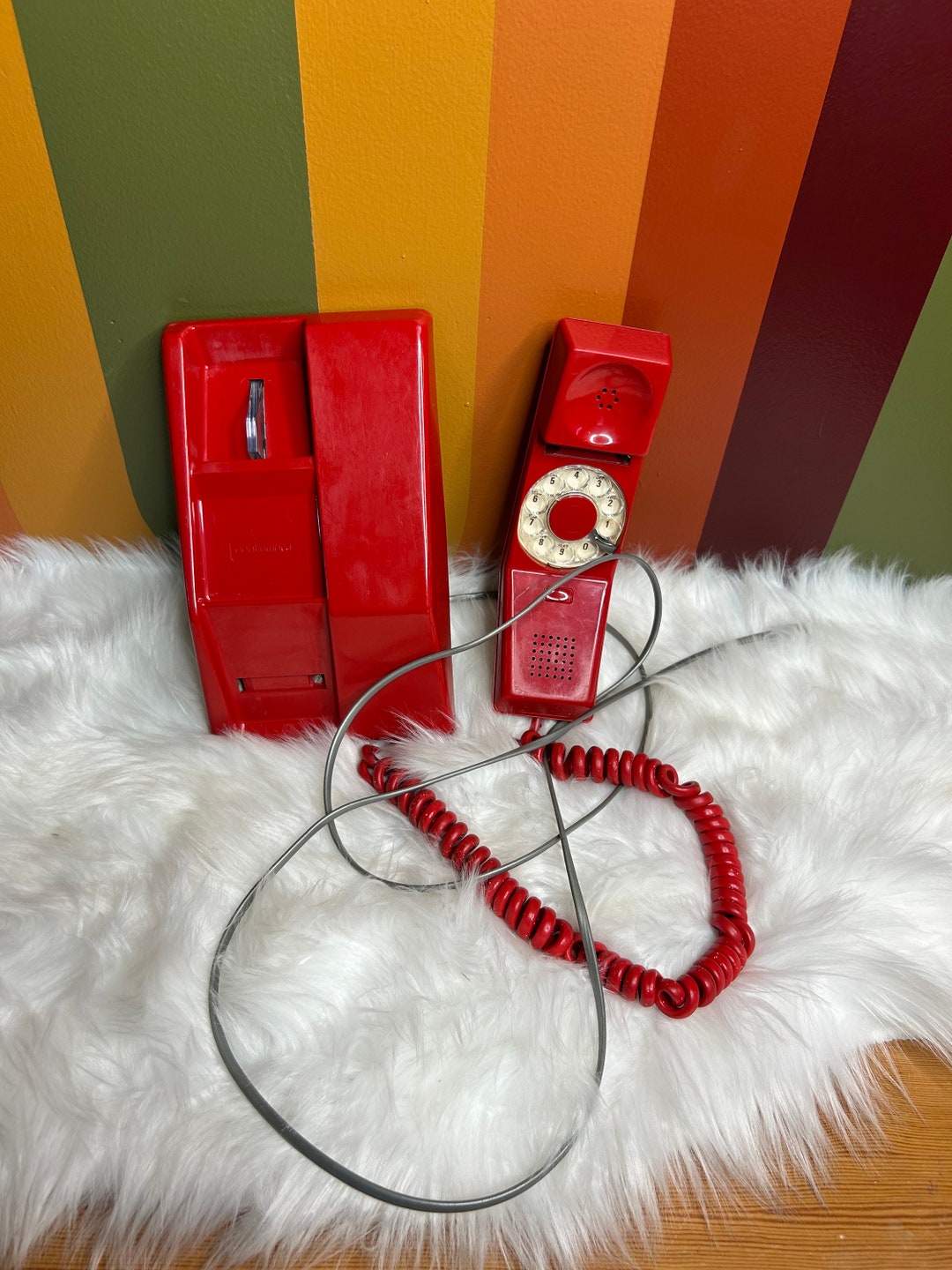 Vintage Plastic Red Phone Rotary Bell Home Wall Telephone Jack Landline ...
