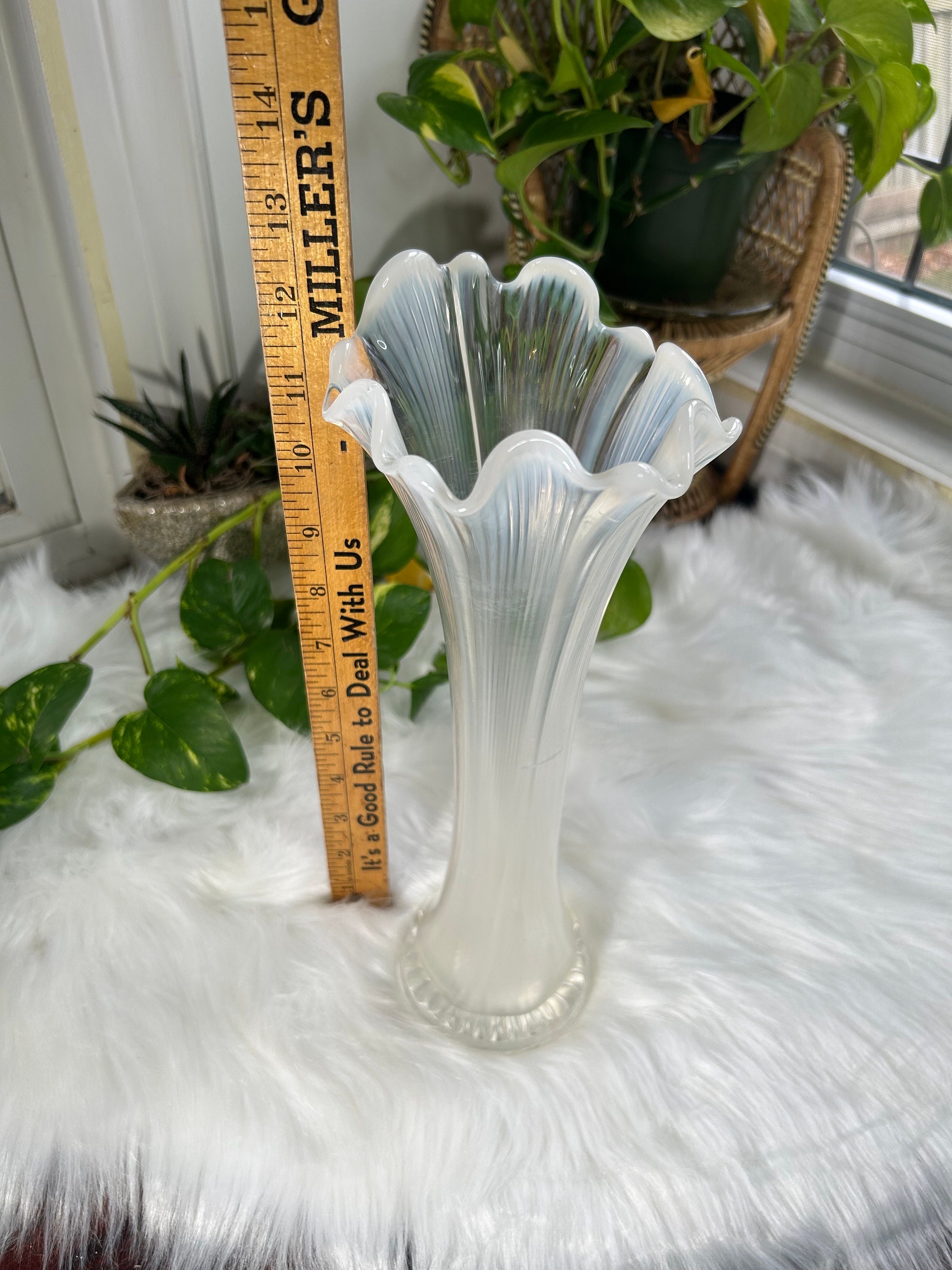 Carnival Glass Iridescent White Swung/ripple/wave Vase Vintage Flowers ...