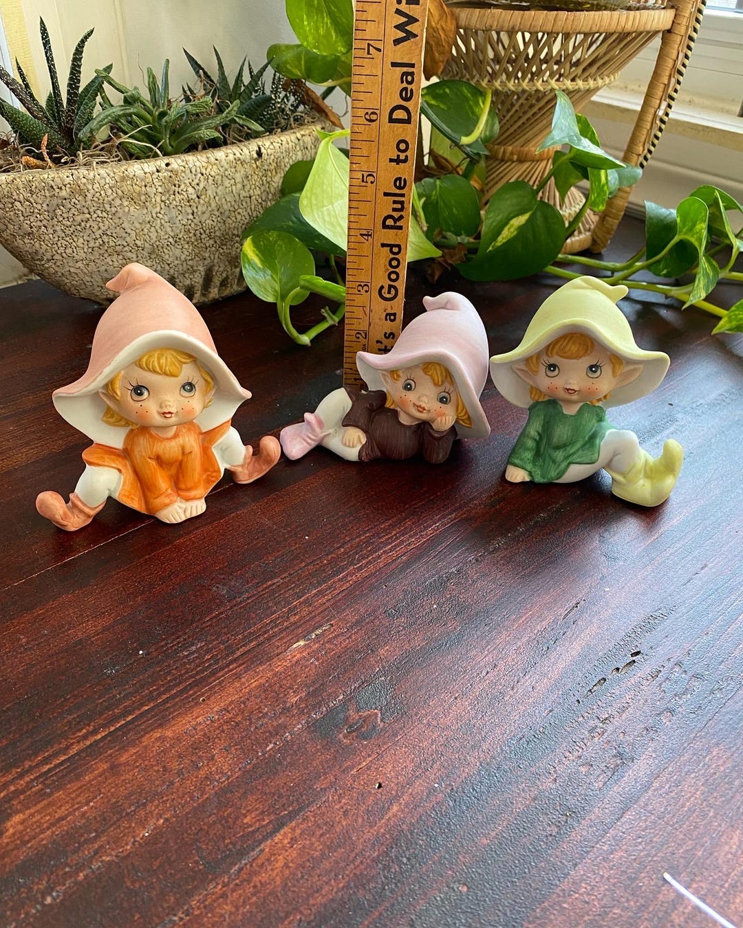 Vintage Porcelain Elf Trio Red Purple Green Cute Little Girls Homco - Etsy
