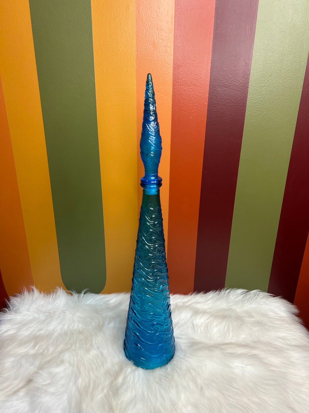 Genie Bottle Blue Glass Decanter Vintage Wave MCM Mid Century Modern ...