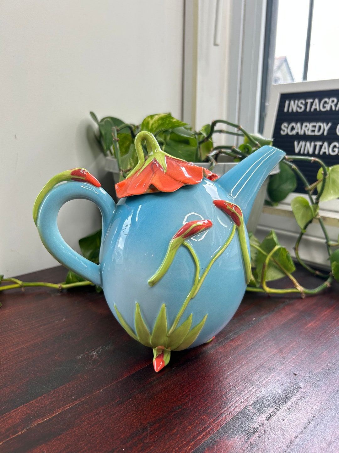 Mustard Seed and Moonshine Ceramic Pottery Teapot Flower Made in South Africa Kate Carlyle Blue ...