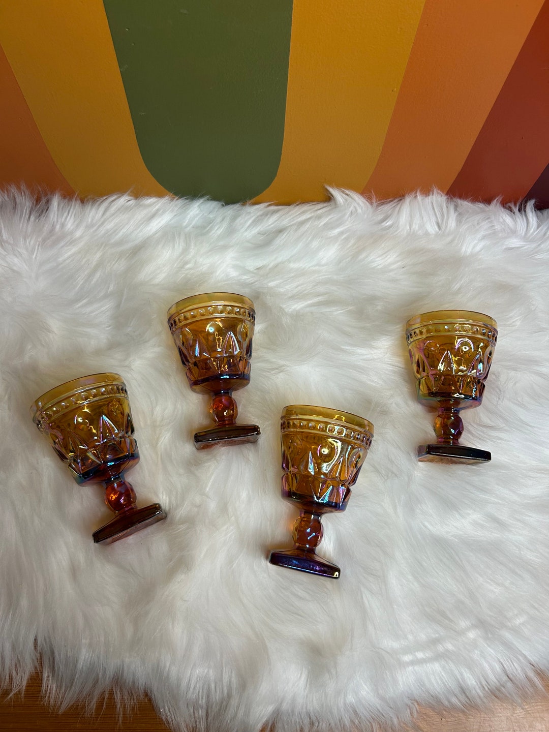 Carnival Glass Iridescent Small Goblets Drinking Glasses - Set of 4 - Etsy