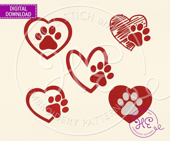 I Love Dog Embroidery Designs Set of 5 Heart Paw Print Smoll | Etsy