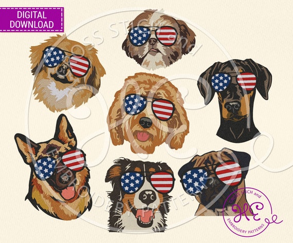 Patriotic Dogs With American Glasses Machine Embroidery - Etsy