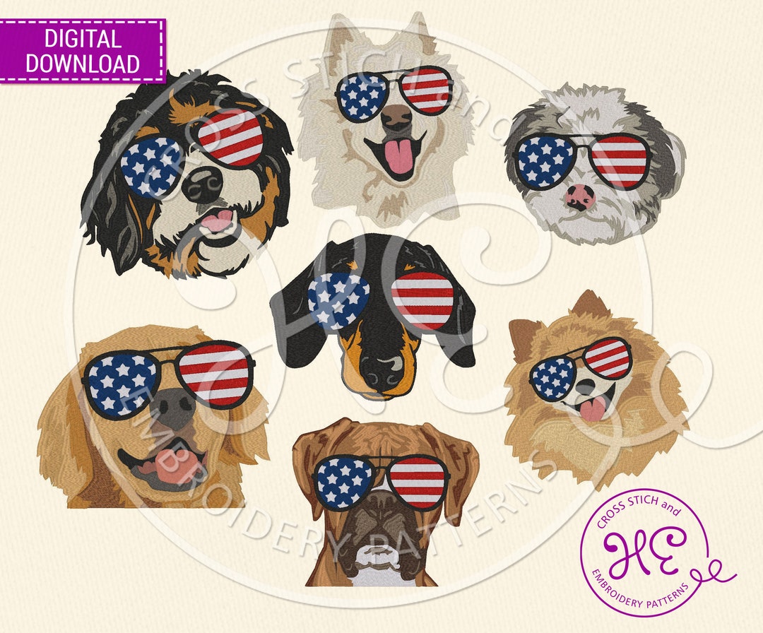 Patriotic Dogs With American Glasses Machine Embroidery Design, 4th of ...