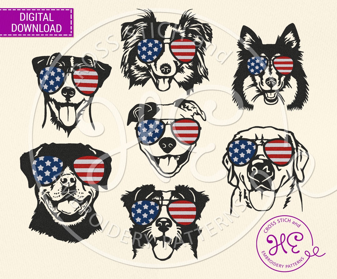 Patriotic Dogs With American Glasses Machine Embroidery Design, 4th of ...