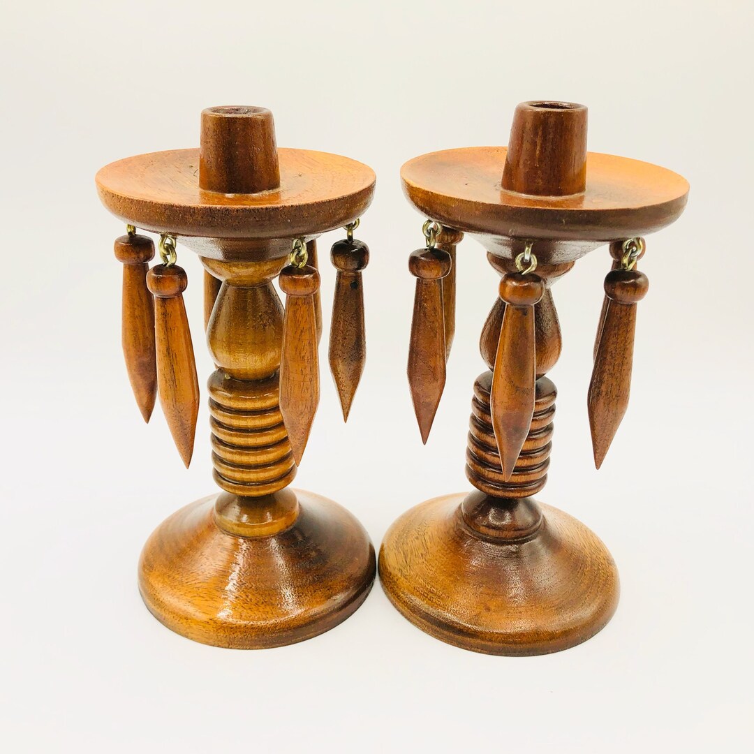 Vintage Pair of Amazing Candlesticks With Hanging Wood crystals ...